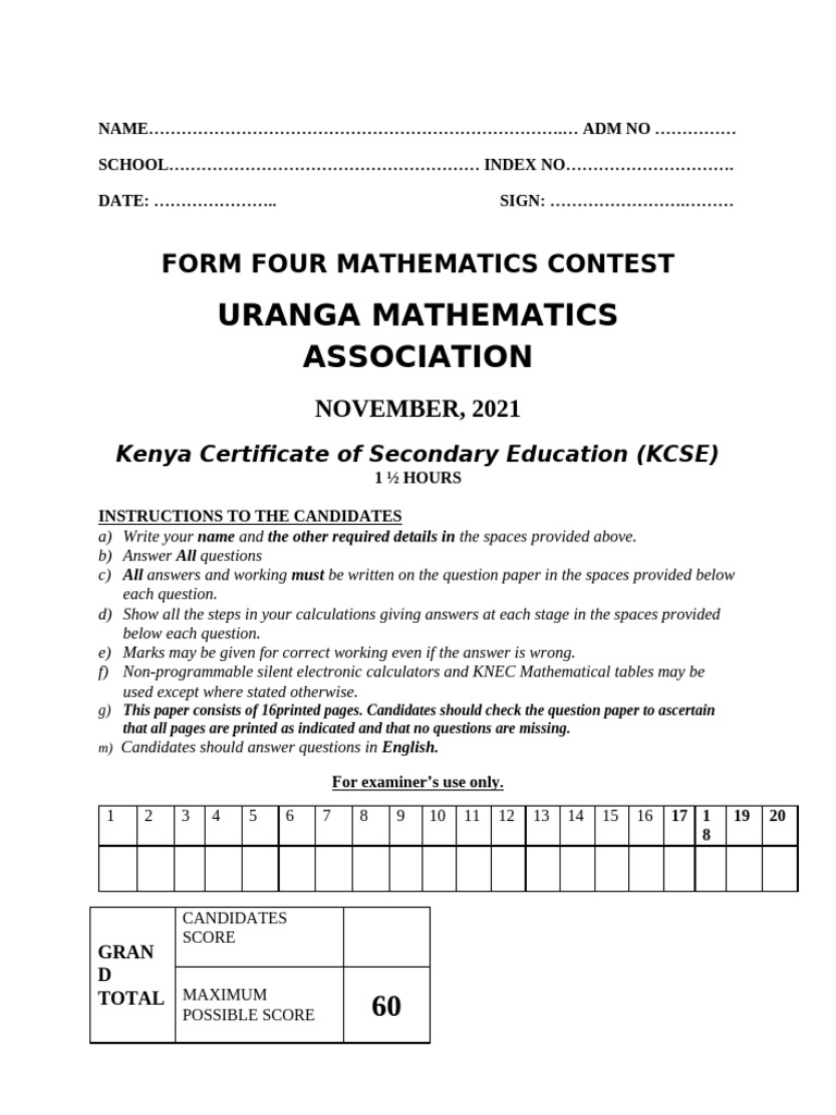 Uranga F4 Maths Contest 2021 - 1637174121 | PDF | Circle | Mathematics