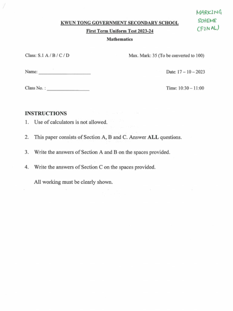 S1 Math UT1 2023-24 Marking Scheme | PDF