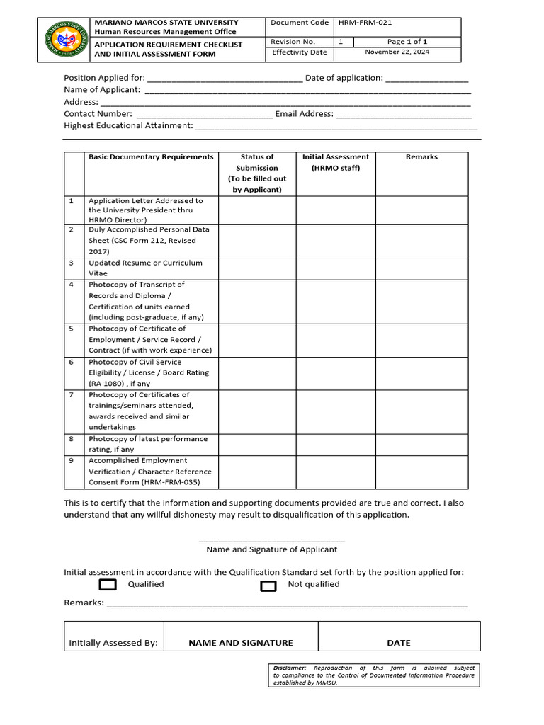 21 Template For Application Requirement and Initial Assessment Form ...