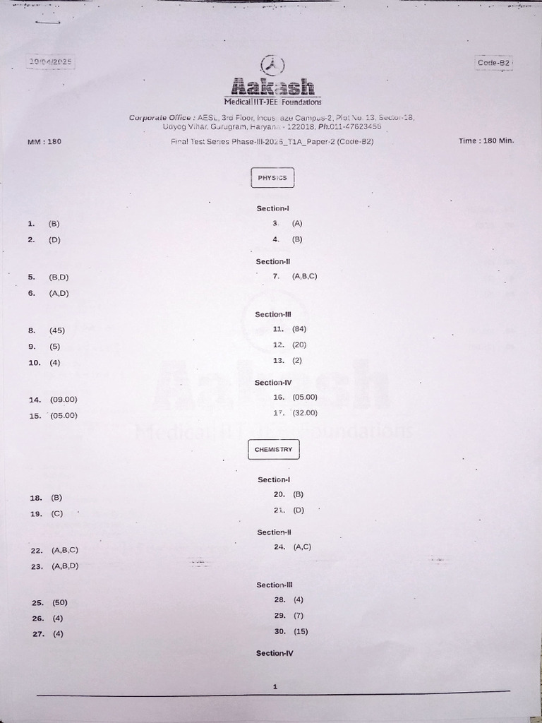 Paper 2 Answer Key and Solution | PDF | Physical Chemistry | Quantity