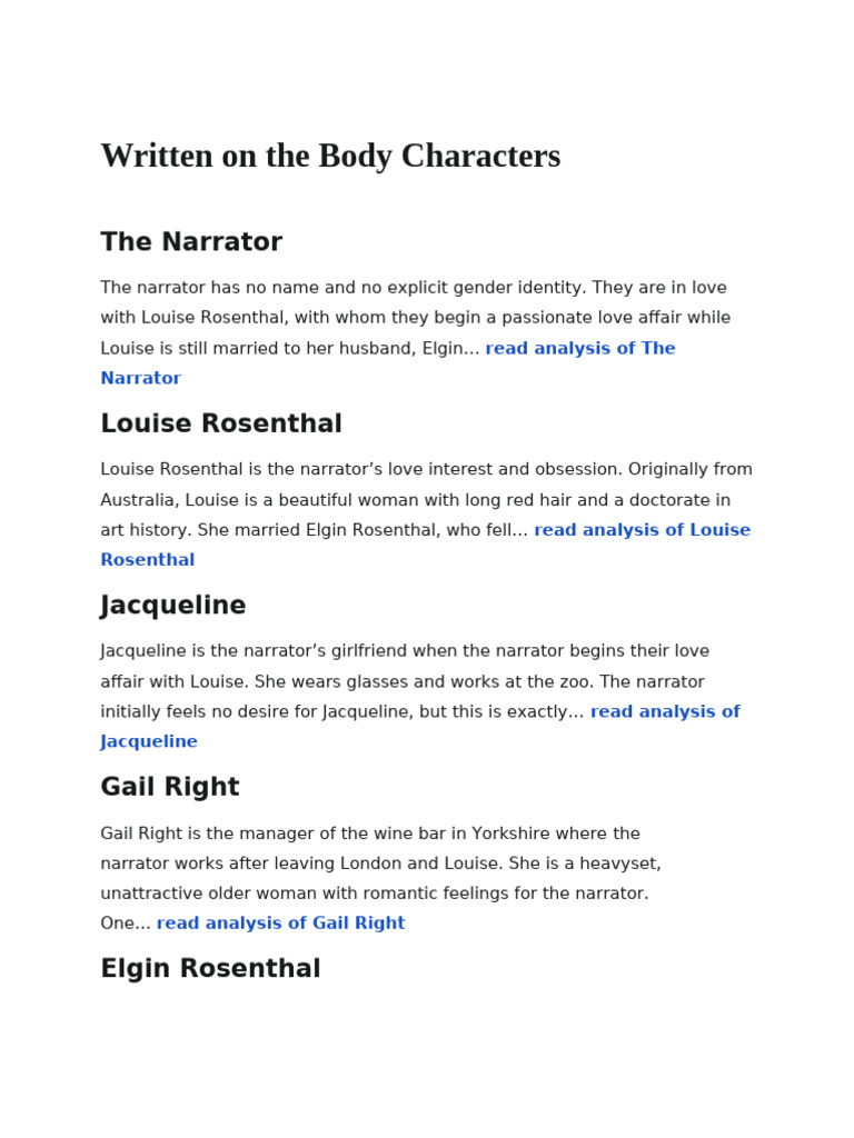 Written On The Body Characters | PDF | Love | Interpersonal Relationships
