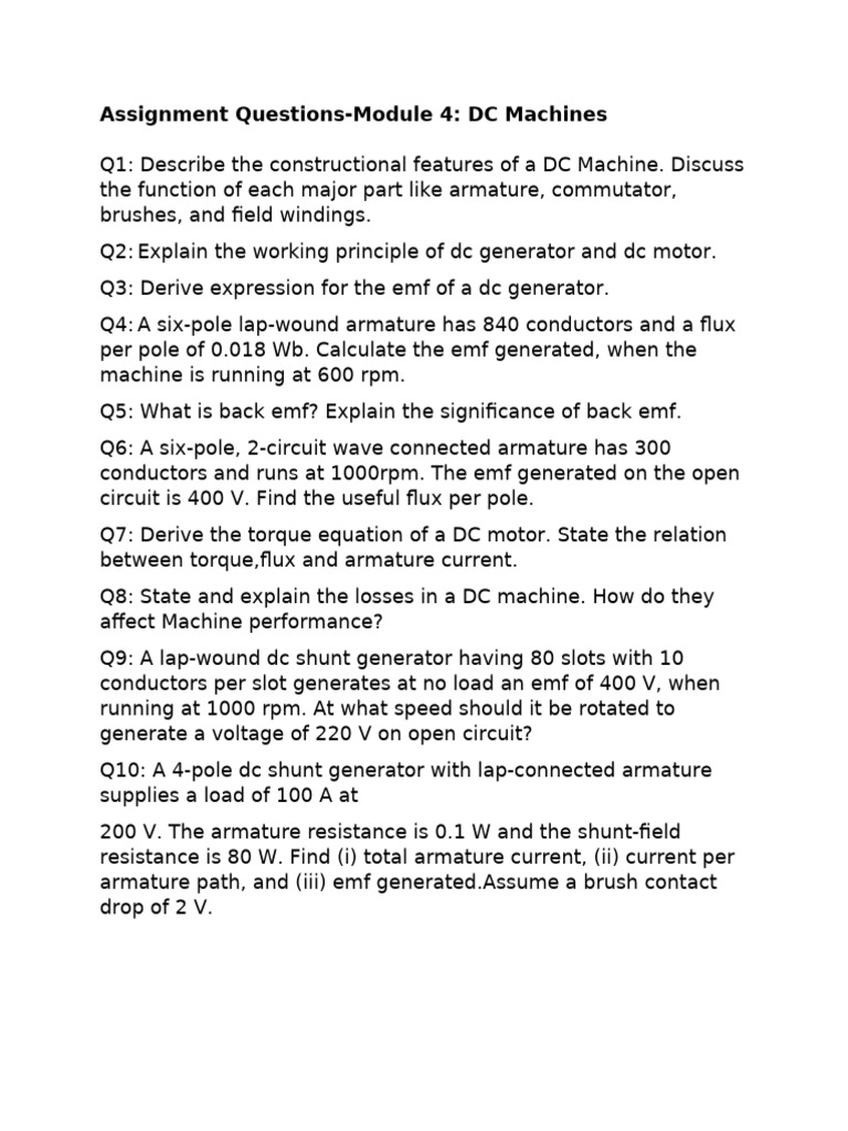 Assignment Questions Module 4 Dc Machines Pdf