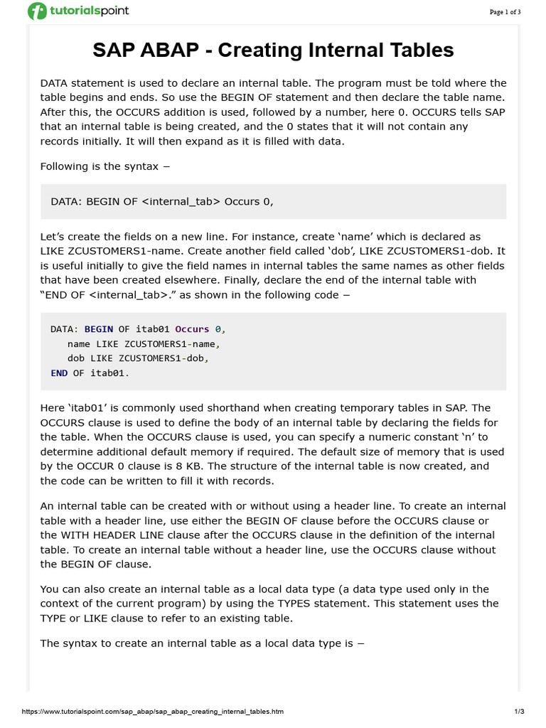 28 Sap Abap Creating Internal Tables Pdf Programming Paradigms Computer Science