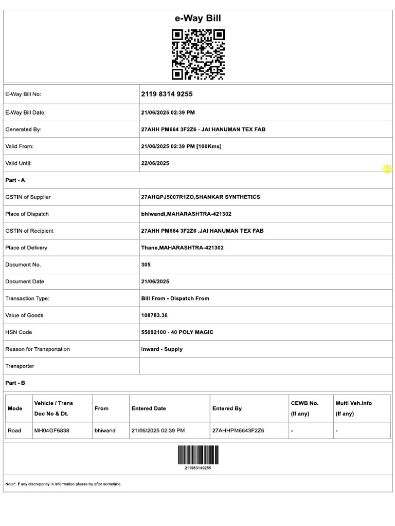 Ewaybill - Shree Shubhlaxmi Transport | PDF