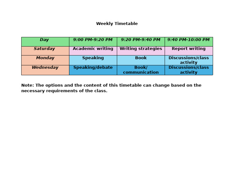 Weekly Timetable | PDF