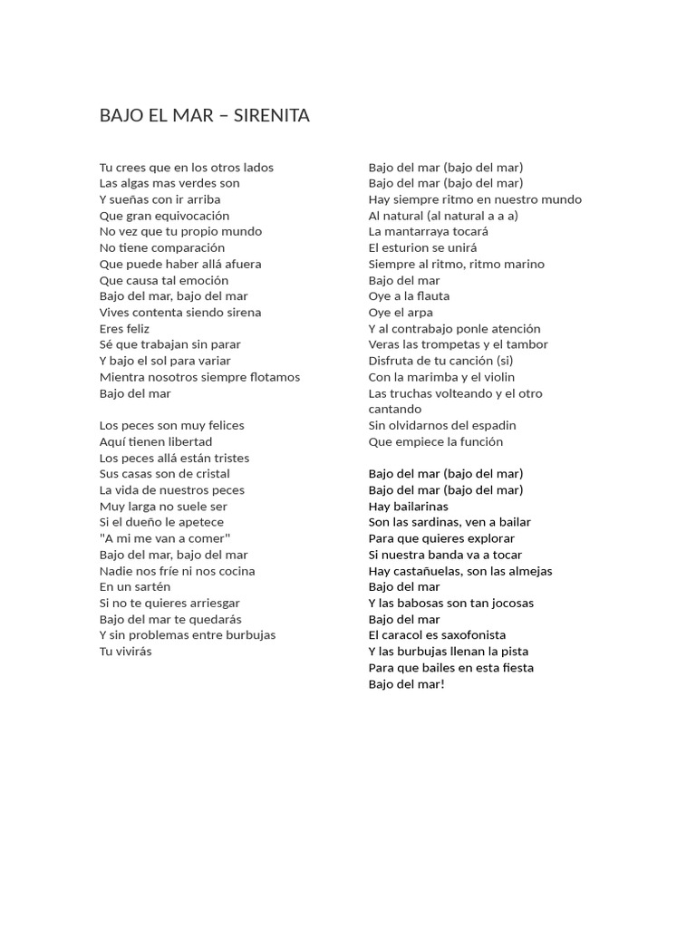 Letra de "Bajo el Mar" - La Sirenita | PDF