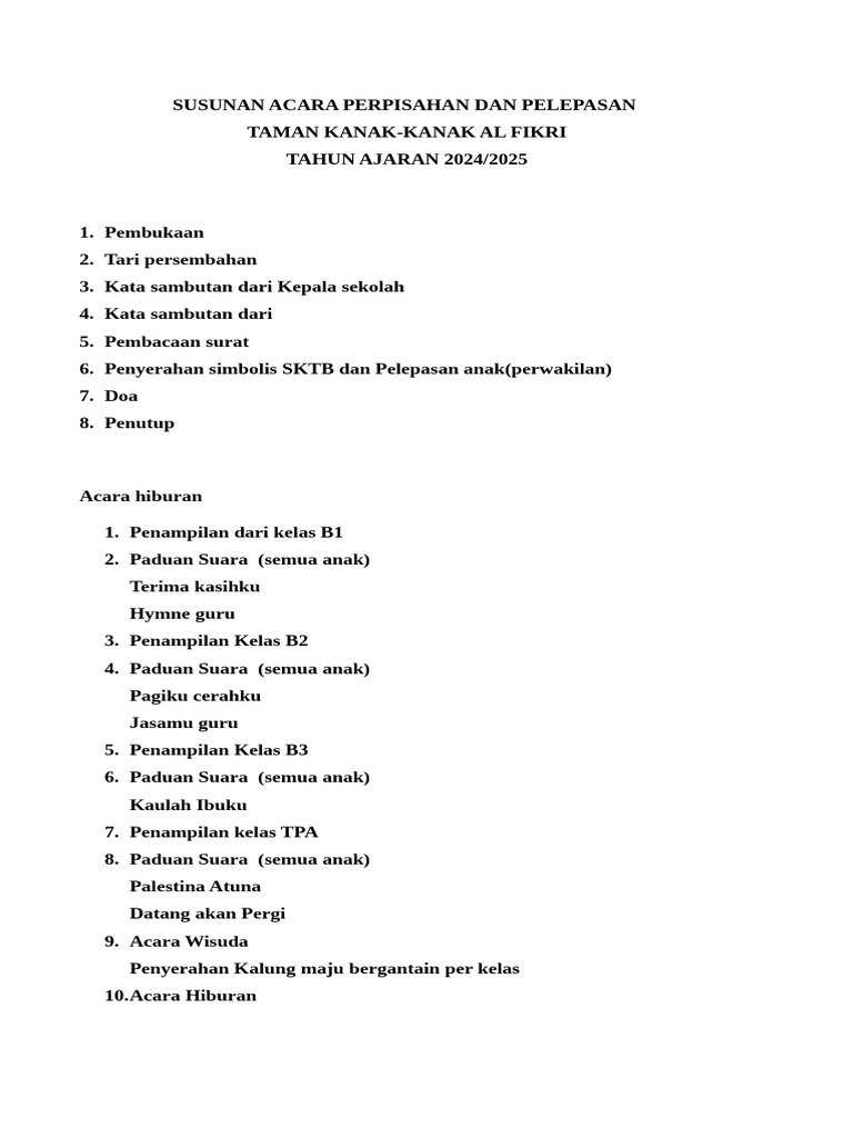 Susunan Acara Perpisahan Dan Pelepasan | PDF