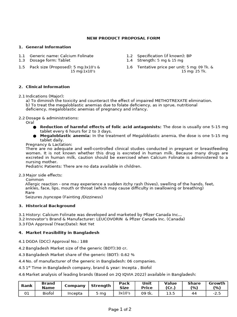 Product Proposal of Calcium Folinate Tablets | PDF | Clinical Medicine ...