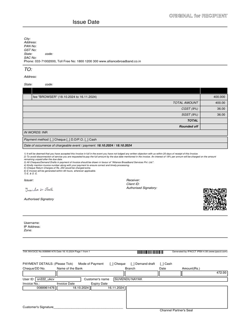 Issue Date: Alliance Broadband Services Pvt. LTD | PDF | Cheque | Payments