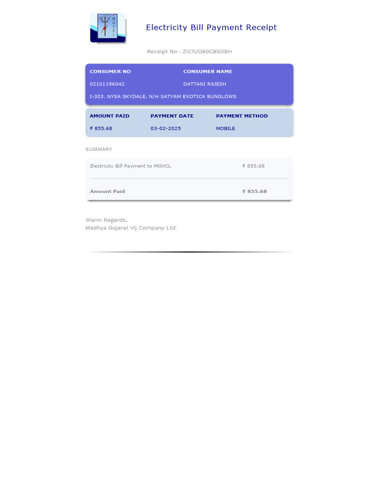 Electricity Bill Payment Receipt: Receipt No: ZIC1UO60CBSDBH | PDF