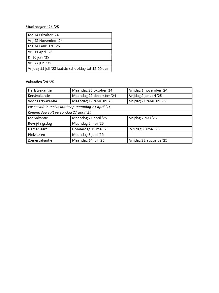 2024-2025 Vakantierooster en Studiedagen Familieschool Voor Ouders-1 | PDF