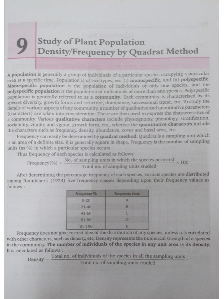 Study To Plant Population Density Frequency by Quadrat Method | PDF