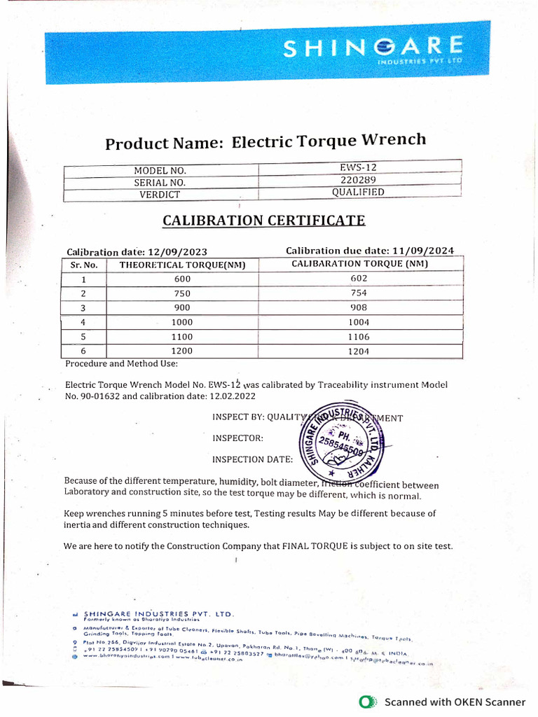 Torque Wrench Calibration Certificate | PDF | Metrology | Physical ...