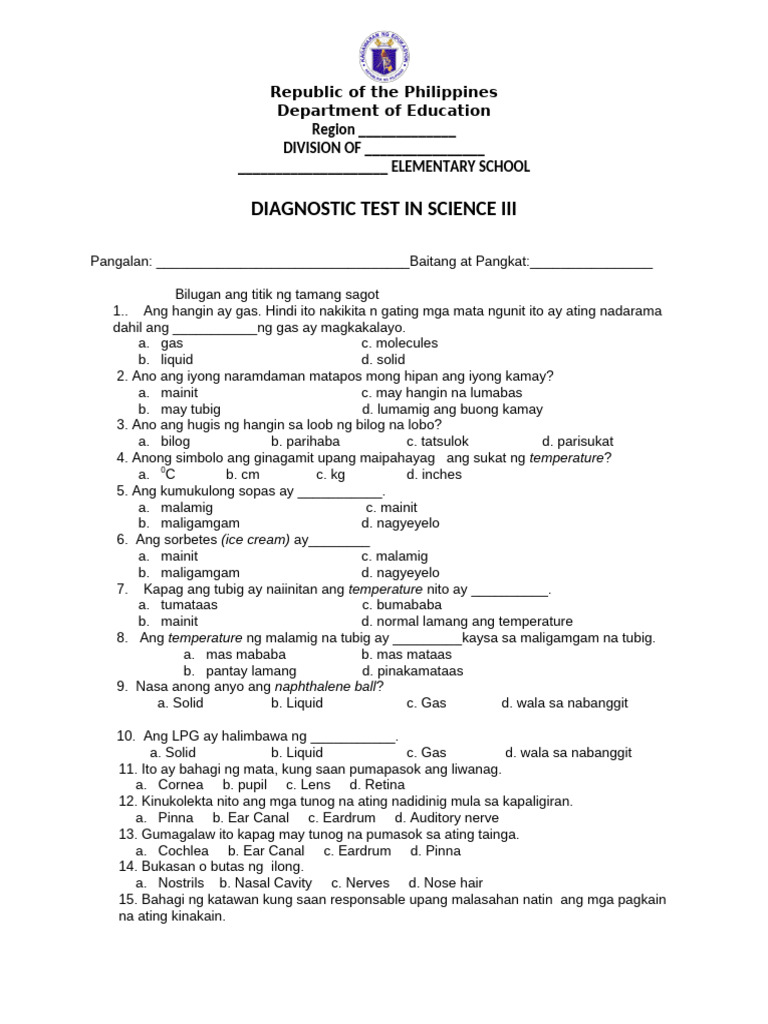 3diagnostic Test Science 3 v2 | PDF