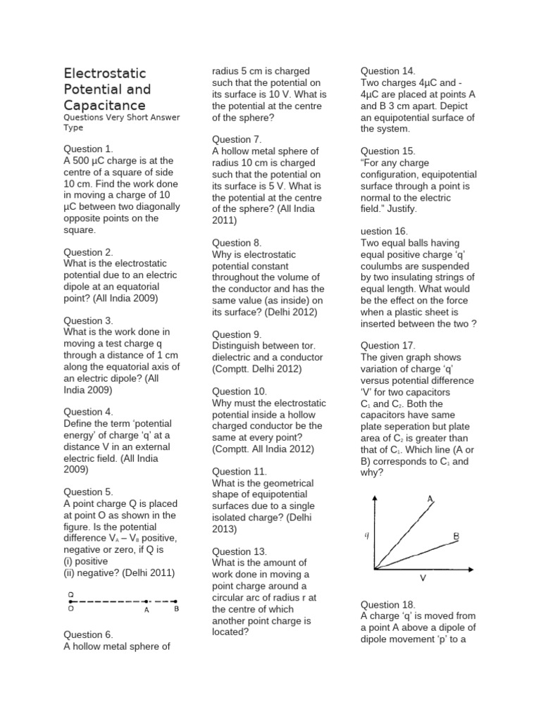 Electrostatic Potential and Capacitance Questions Very Short Answer Type | PDF | Capacitance ...