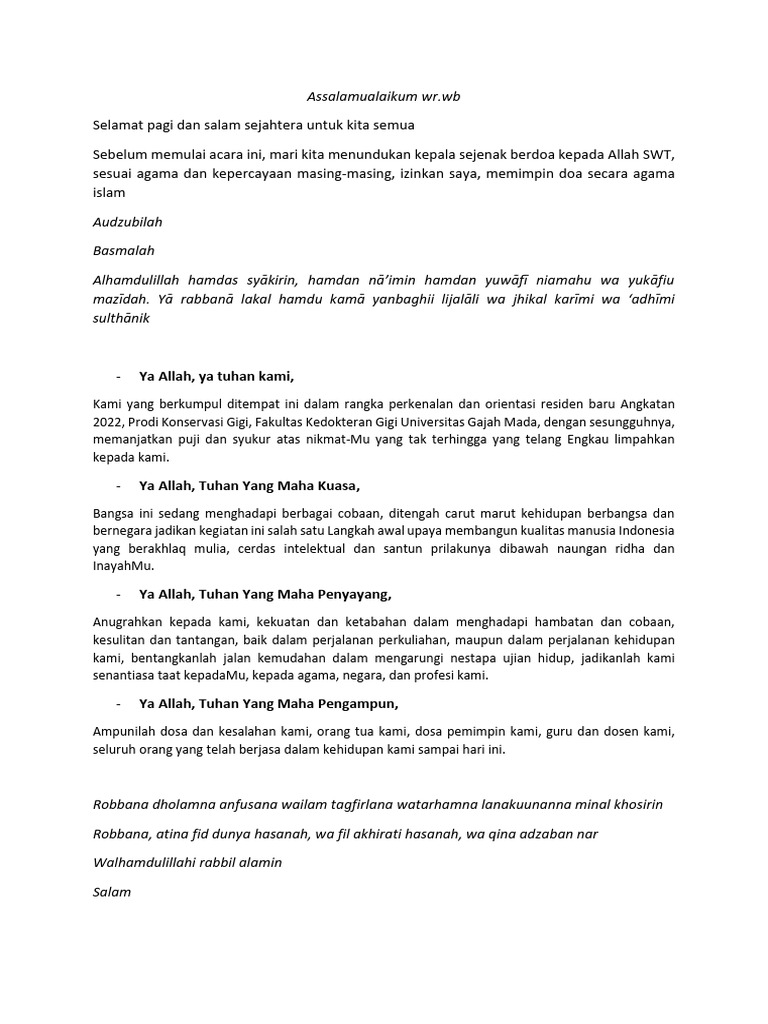 Doa Pembukaan Orientasi Residen 2022 | PDF