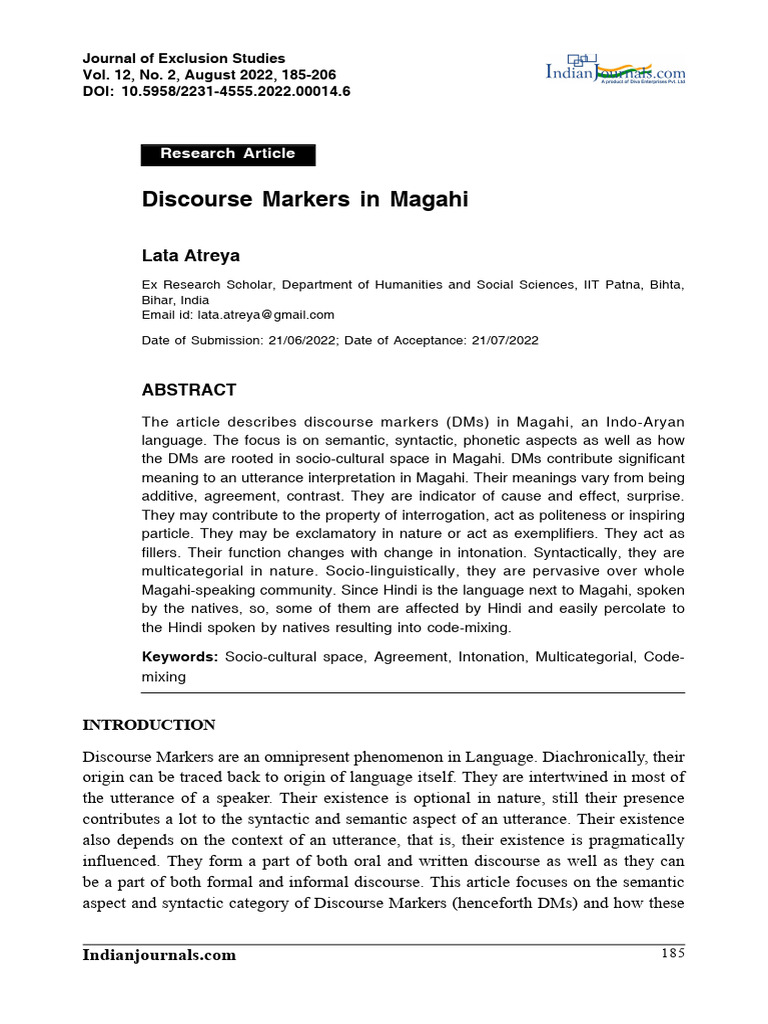 Discourse Markers in Magahi | PDF | Semantics | Sentence (Linguistics)