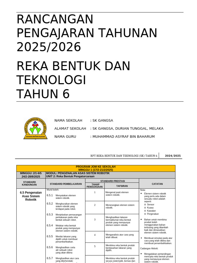 RPT Reka Bentuk dan Teknologi Tahun 6 | PDF