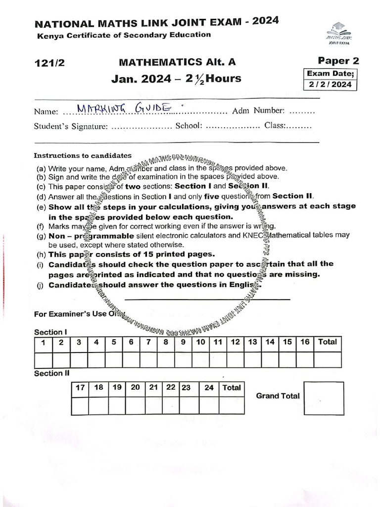 Marking Guide Pp2 Maths Link t1 2024-1 - Compressed - 1710360027 | PDF