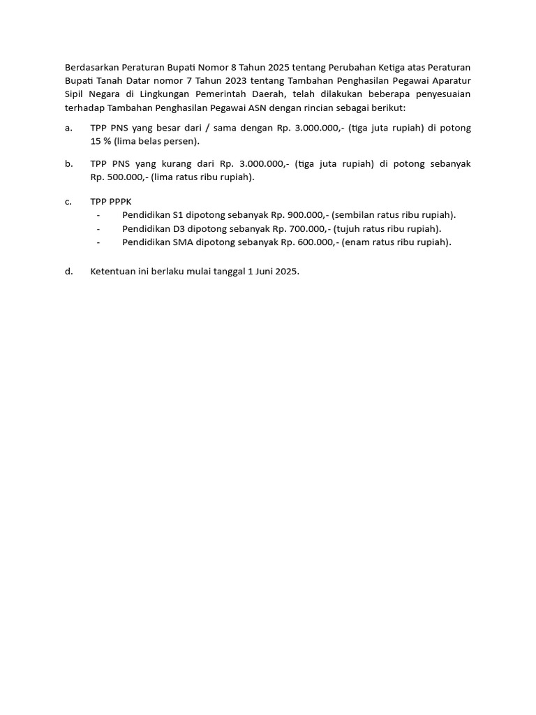 Ketentuan TPP Berdasarkan Perbup 8 Tahun 2025 Pada OPD | PDF