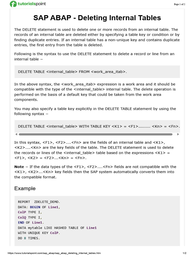 32 - SAP ABAP - Deleting Internal Tables | PDF | Software Engineering | Software