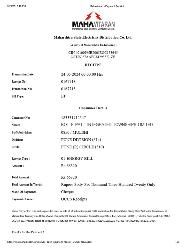 24th May-2024 MSEB Bill Receipt | PDF | Economy Of India | Payments