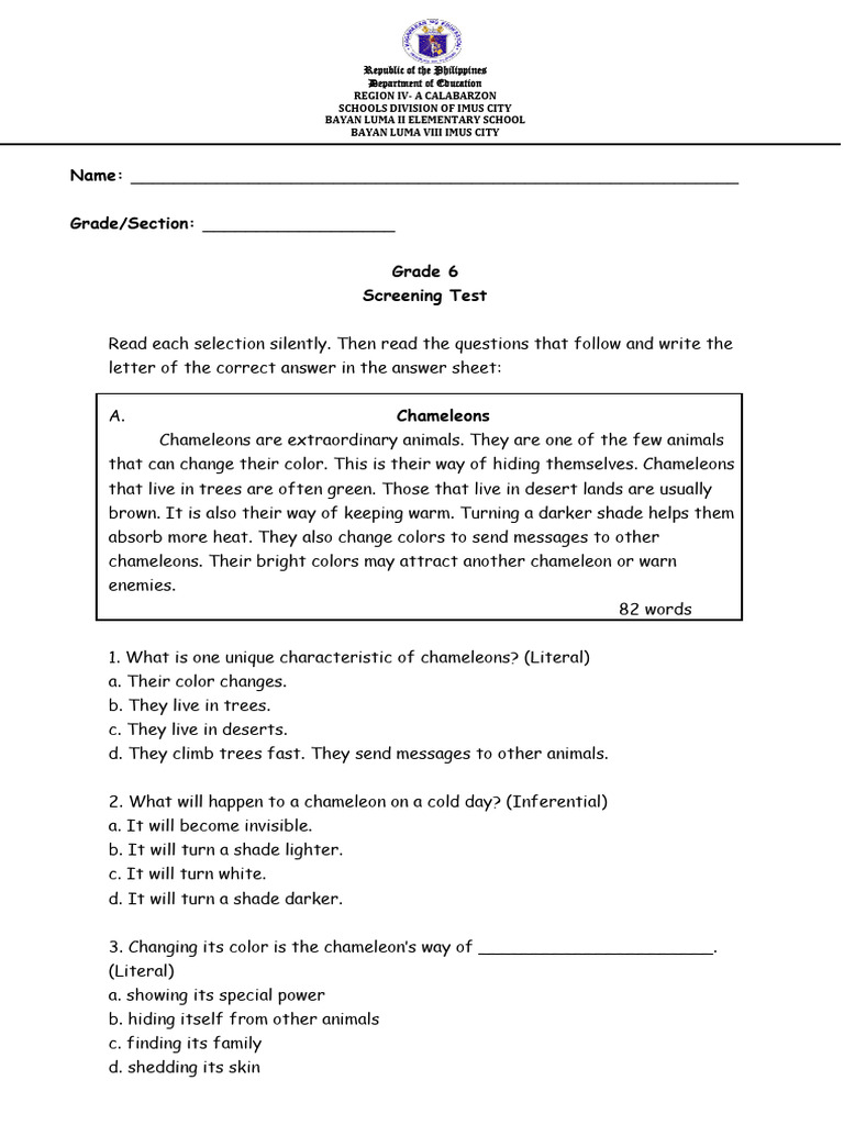 Grade 6 Group Screening Test | PDF | Coral | Sea