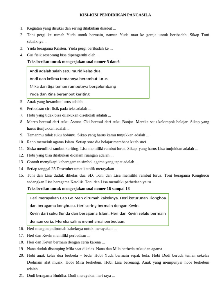 Kisi-Kisi Pancasila Kls 2 TH 2023 | PDF