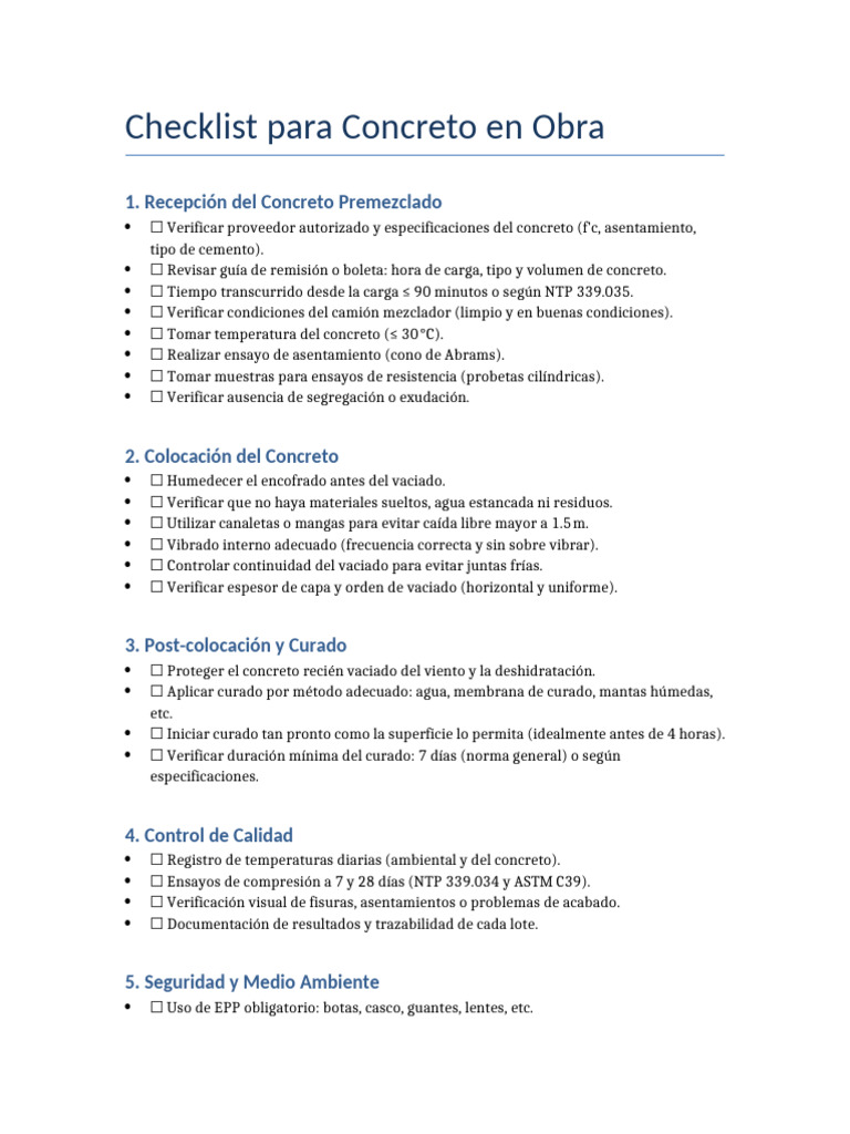 Checklist Concreto en Obra | PDF