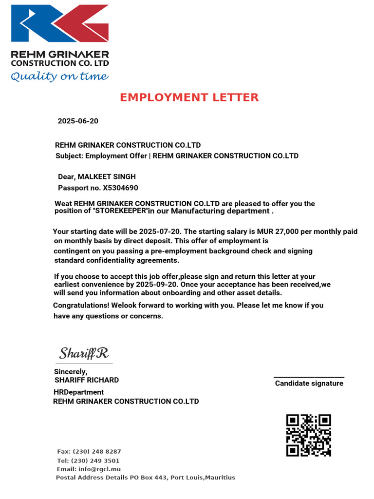 Employment Offer: Storekeeper Position | PDF