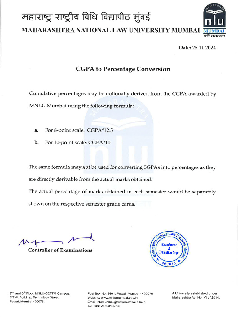 CGPA to Percentage Conversion | PDF