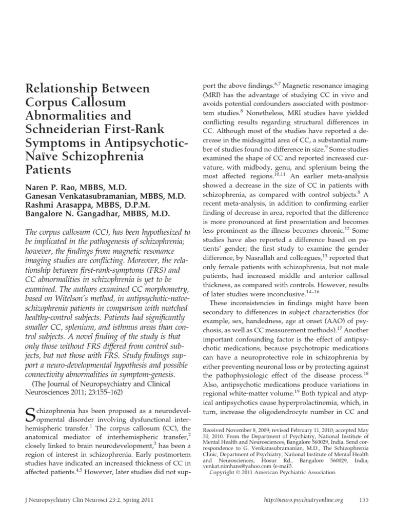 Relationship Between Corpus Callosum Abnormalities and Schneiderian First-Rank Symptoms in ...