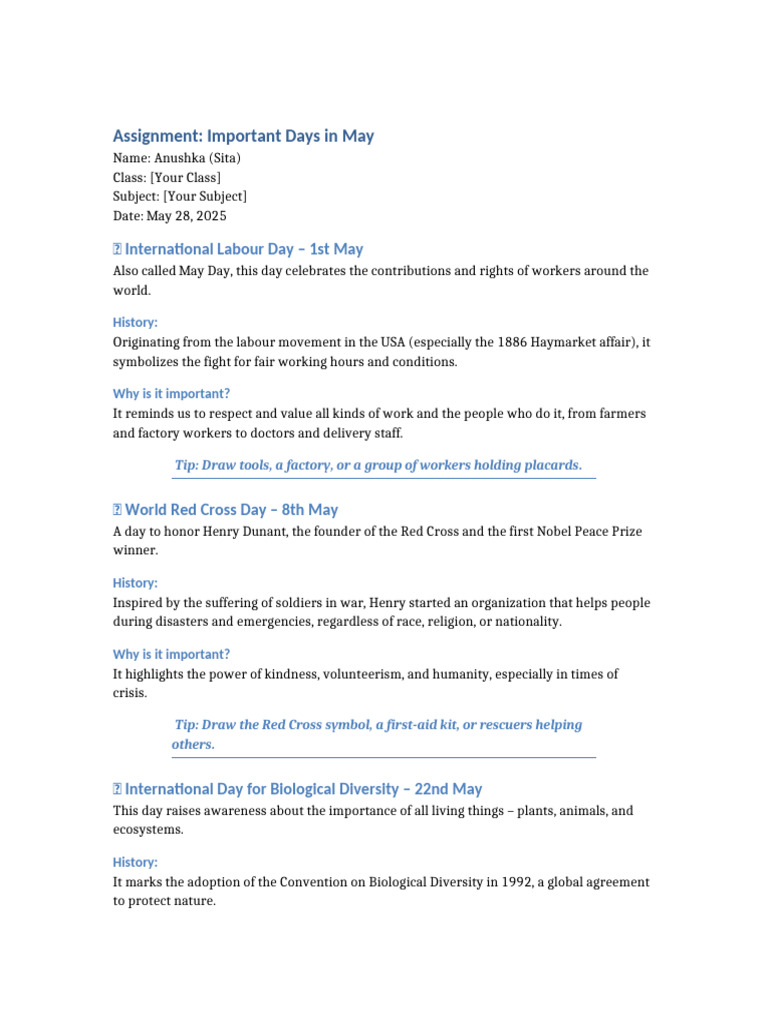 Important Days in May Assignment | PDF