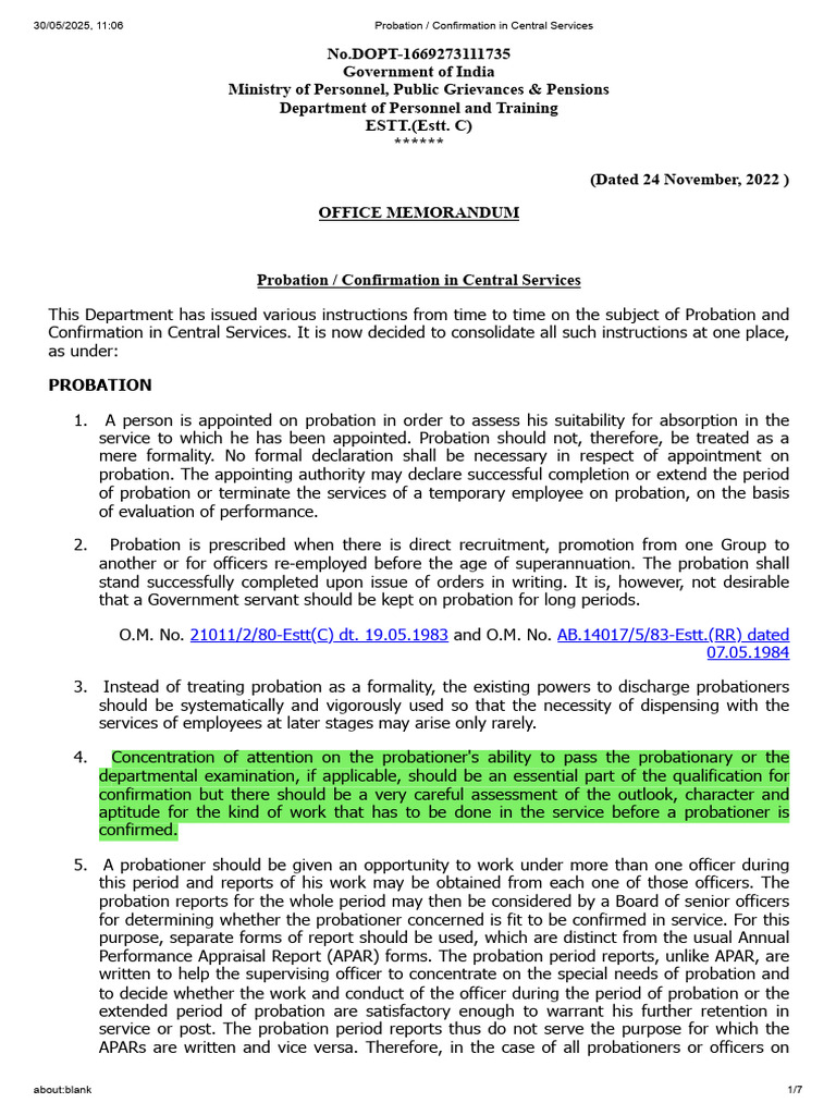 Probation - Confirmation in Central Services | PDF | Probation