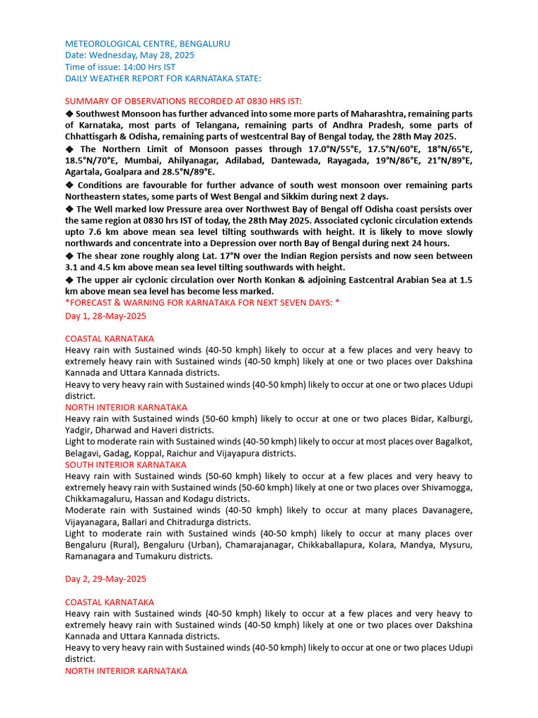 Press Bulletin Dated 28.05.2025 | PDF | Bangalore | Meteorology