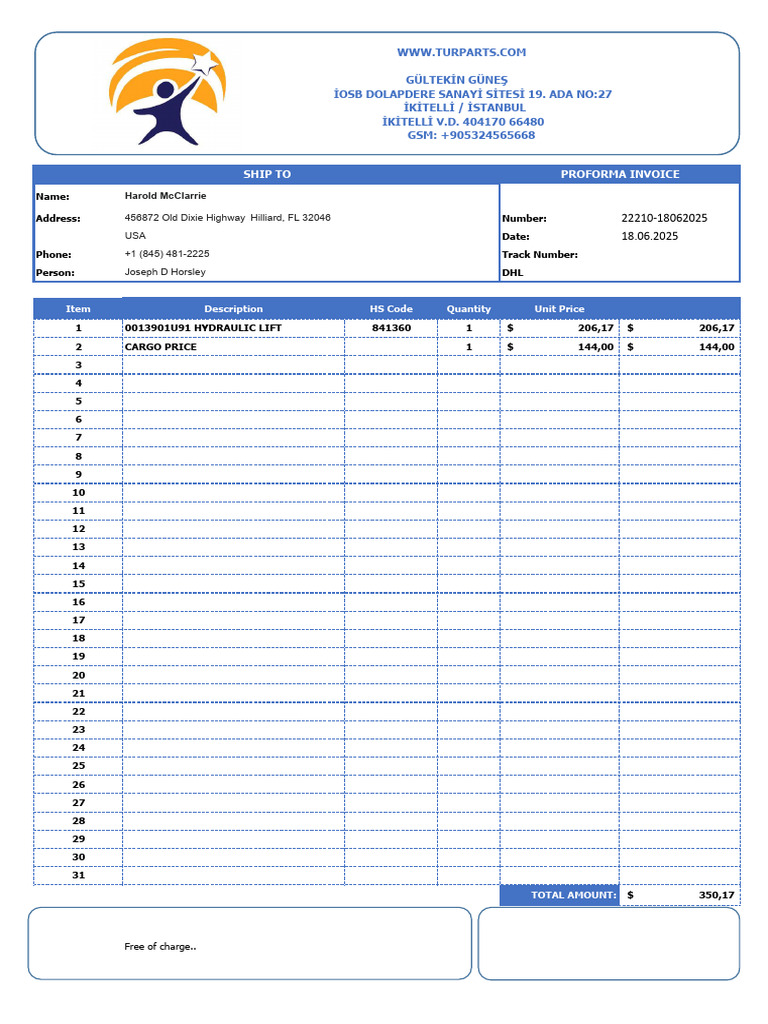 Proforma Invoice for Hydraulic Lift Shipment | PDF