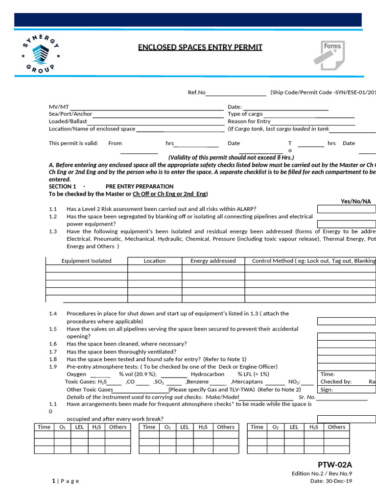 Enclosed Spaces Entry Permit Checklist | PDF