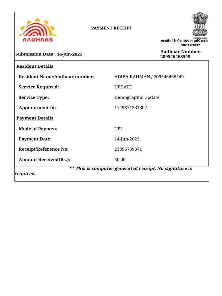 Fiza Rahman Appointment Fee Receipt | PDF
