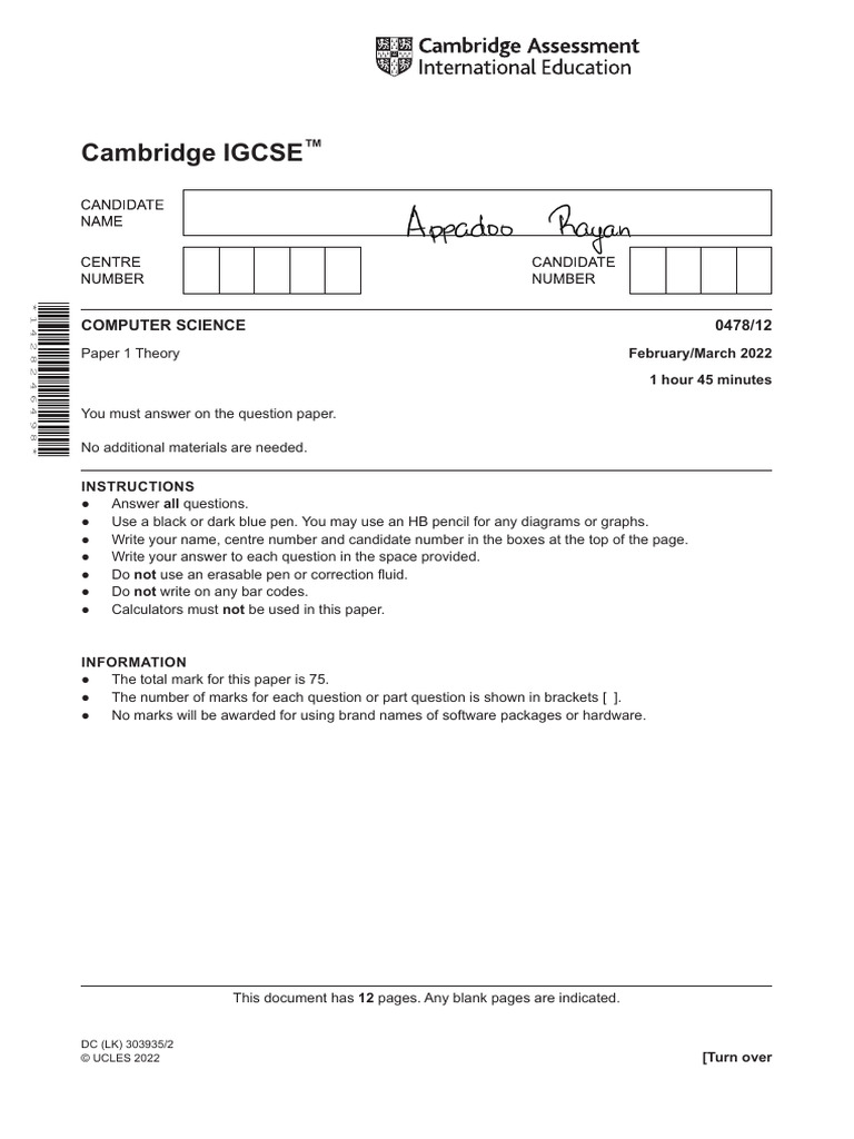 Cambridge IGCSE: Computer Science 0478/12 | PDF | Computer Data Storage | Data Compression