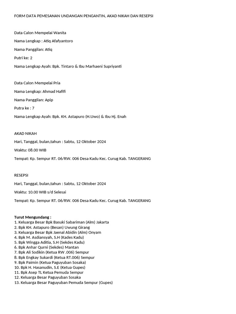Form Data Pemesanan Undangan Pengantin Atiq & Apip | PDF