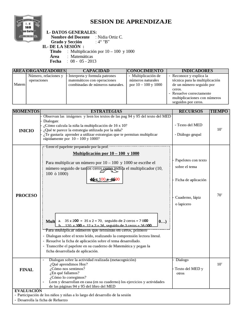 Sesion de Aprendizaje Multiplicaci N Por 10 100 y 1000 | PDF ...