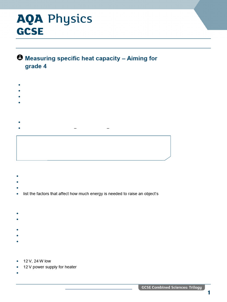Measuring Specific Heat Capacity - Aiming For Grade 4 | PDF | Heat ...