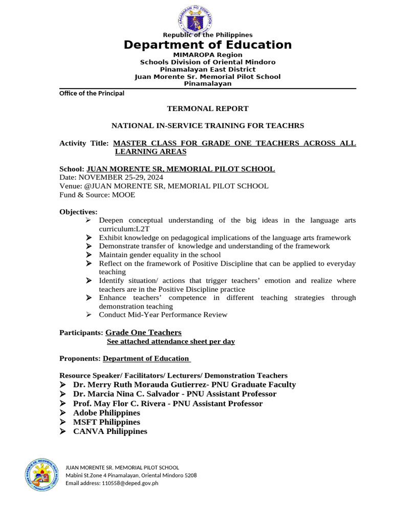 Grade One Terminal-Report-Completion-Report Inset-2024-2025 | PDF ...