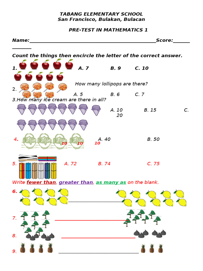 Math Pre-Test for Grade 1 Students | PDF