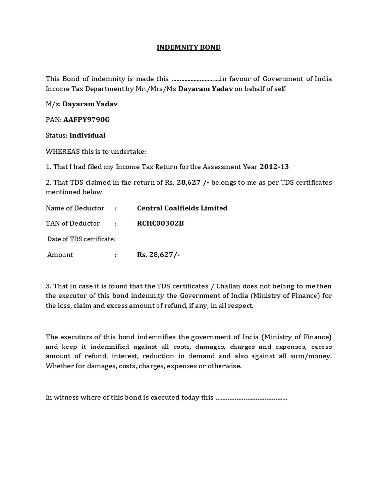 Indemnity Bond for TDS Refund | PDF