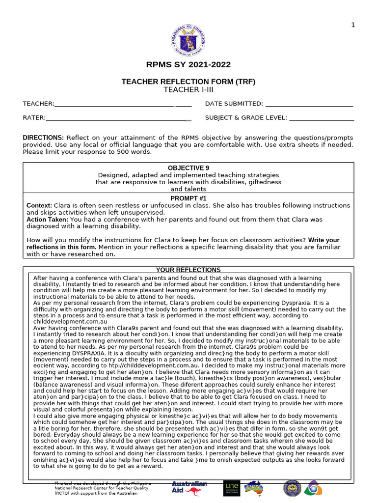 (Appendix 4A) Teacher Reflection Form For T I-III For RPMS SY 2021-2022 ...