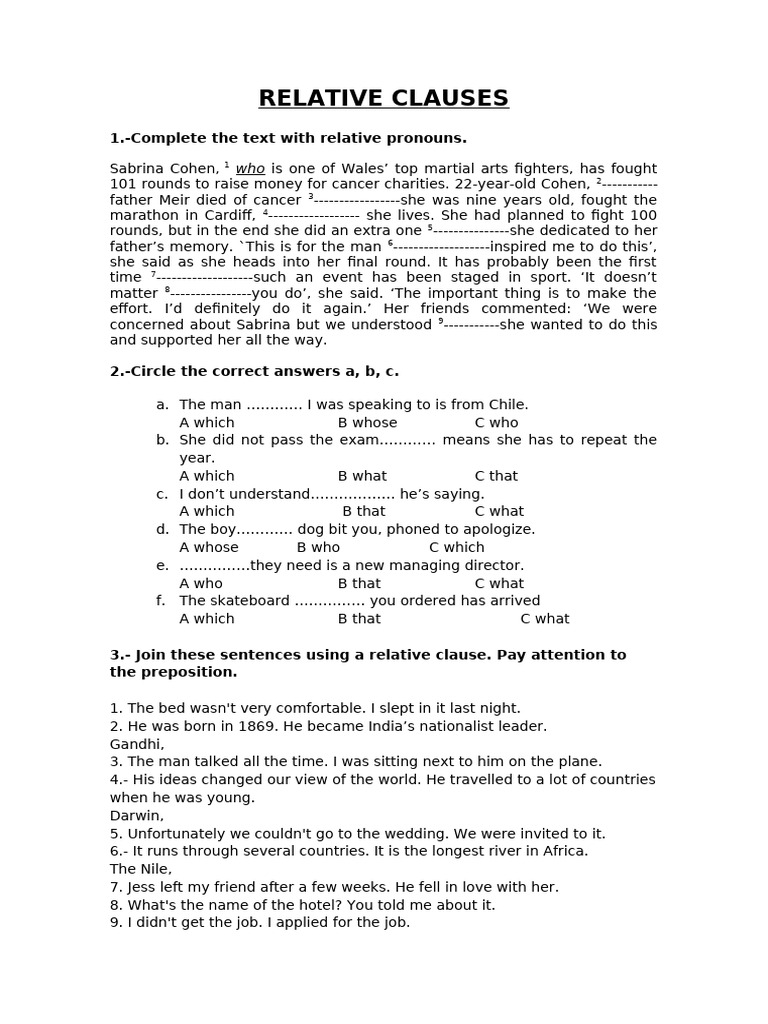 Relative Clauses Exercises | PDF