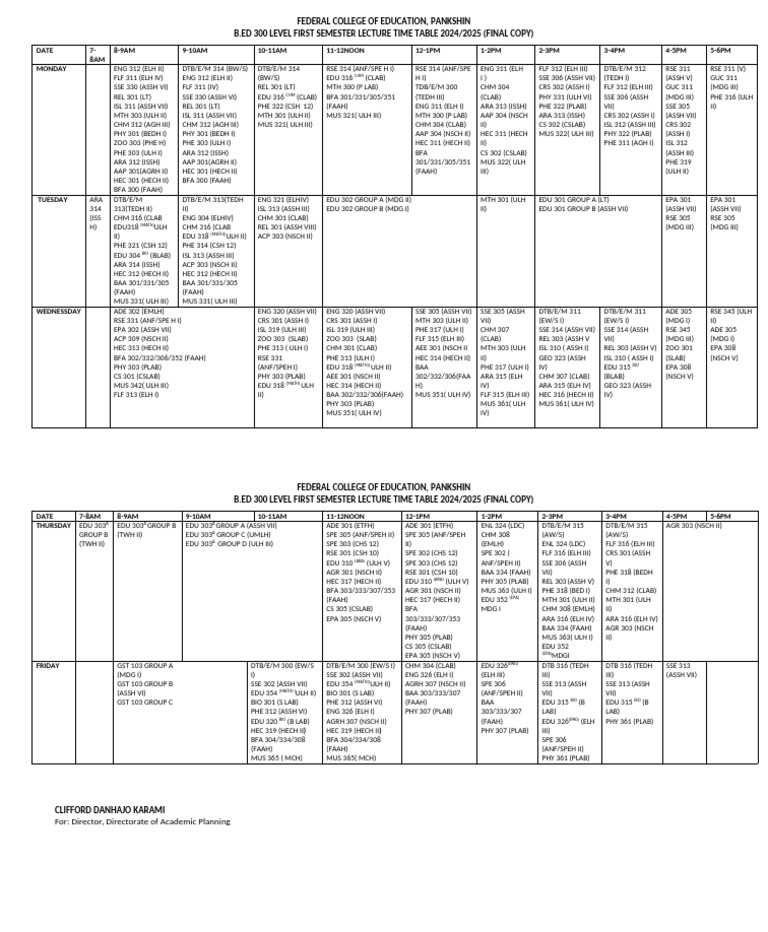 300 Level First Semester Lecture Time Table 2024 - 2025 (Draft) | PDF