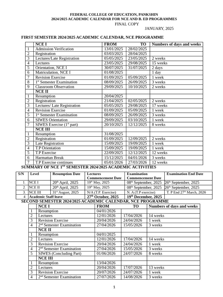 FCE Pankshin 2024/2025 Academic Calendar | PDF | Academic Term ...