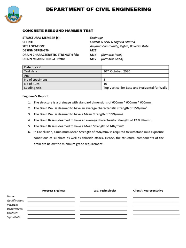 Concrete Rebound Hammer Test Drain Report Sheet | PDF | Civil Engineering